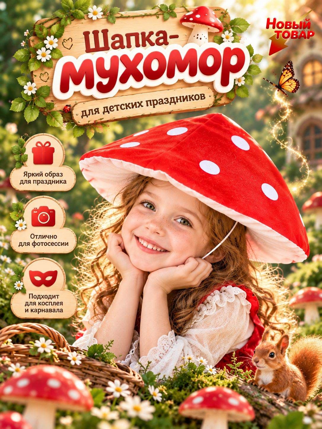 Детская Шапка Мухомор Из Ткани Для Декорации 1 Штука
