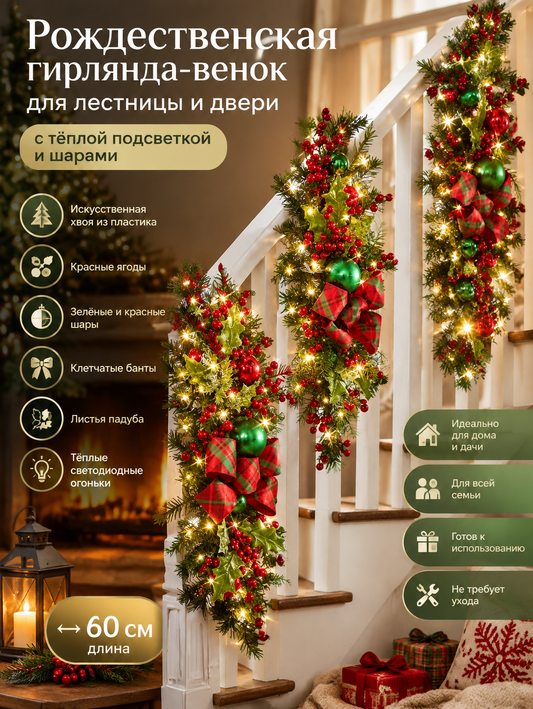 Рождественская гирлянда-венок 60 см для лестницы и двери с тёплой подсветкой и шарами