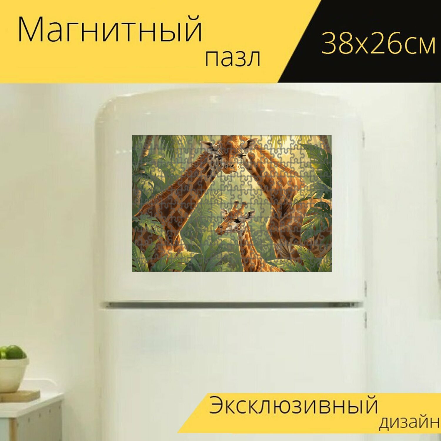 Магнитный пазл "Жирафы в тропических джунглях. Теплая иллюстрация с семейством длинношеих африканских животных среди густой зелени, пальм и листвы." для интерьера, 38х26 см.