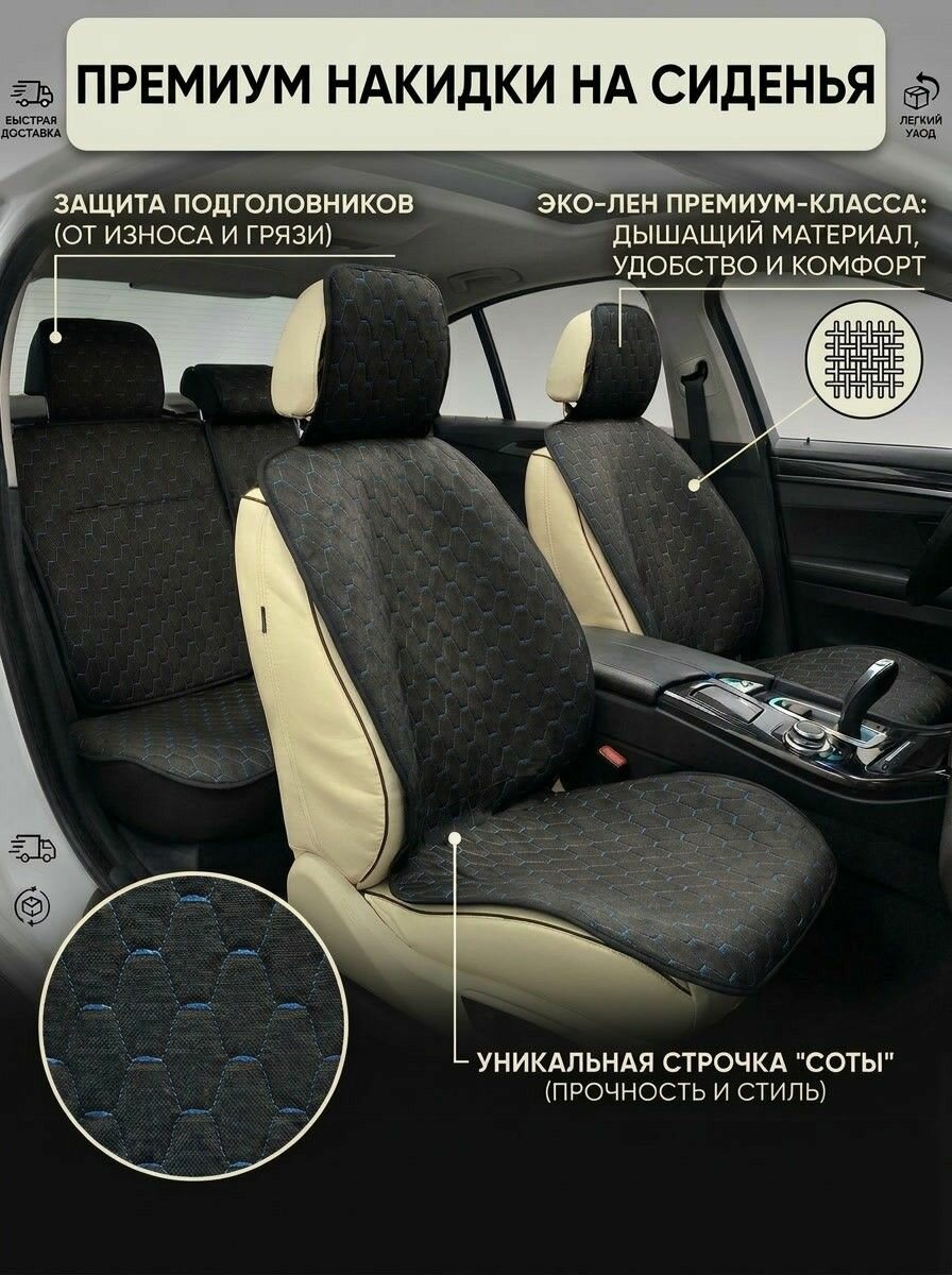Накиди на автомобиль Сузуки / Suzuki Grand Vitara, Jimny, SX4, Liana, Swift и др. в чёрном цвете с синей строчкой, Лен