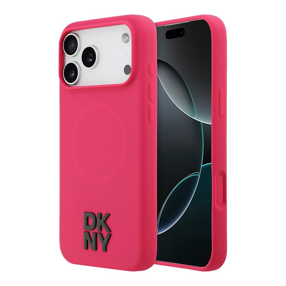 DKNY силиконовый чехол с MagSafe для iPhone 17 Pro, Liquid Silicone Stack Metal logo, розовый