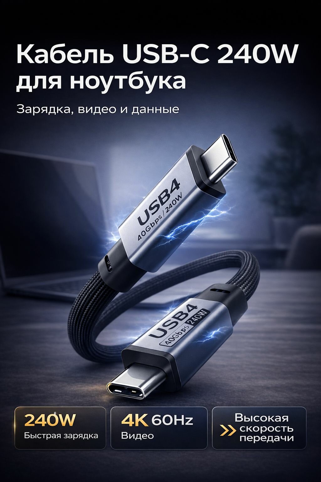 Кабель Thunderbolt 4 USB-C Type-C 240 Вт PD 3.1, 40 Гбит/с, 4K 60 Гц, для MacBook, ноутбука, монитора и SSD