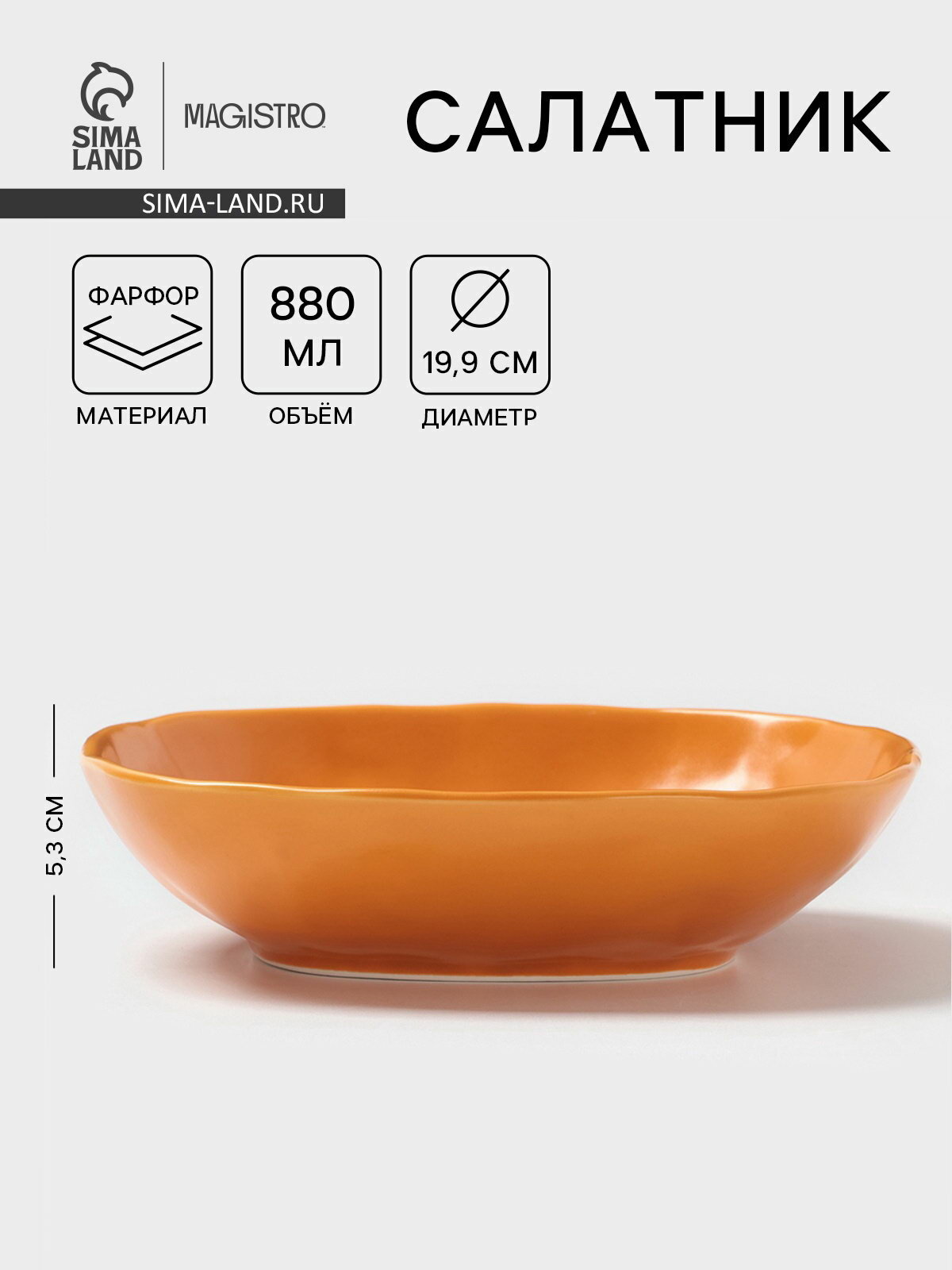Салатник Potter, 880 мл, d=19.9 см, фарфор, оранжевый, особенности: без особенностей