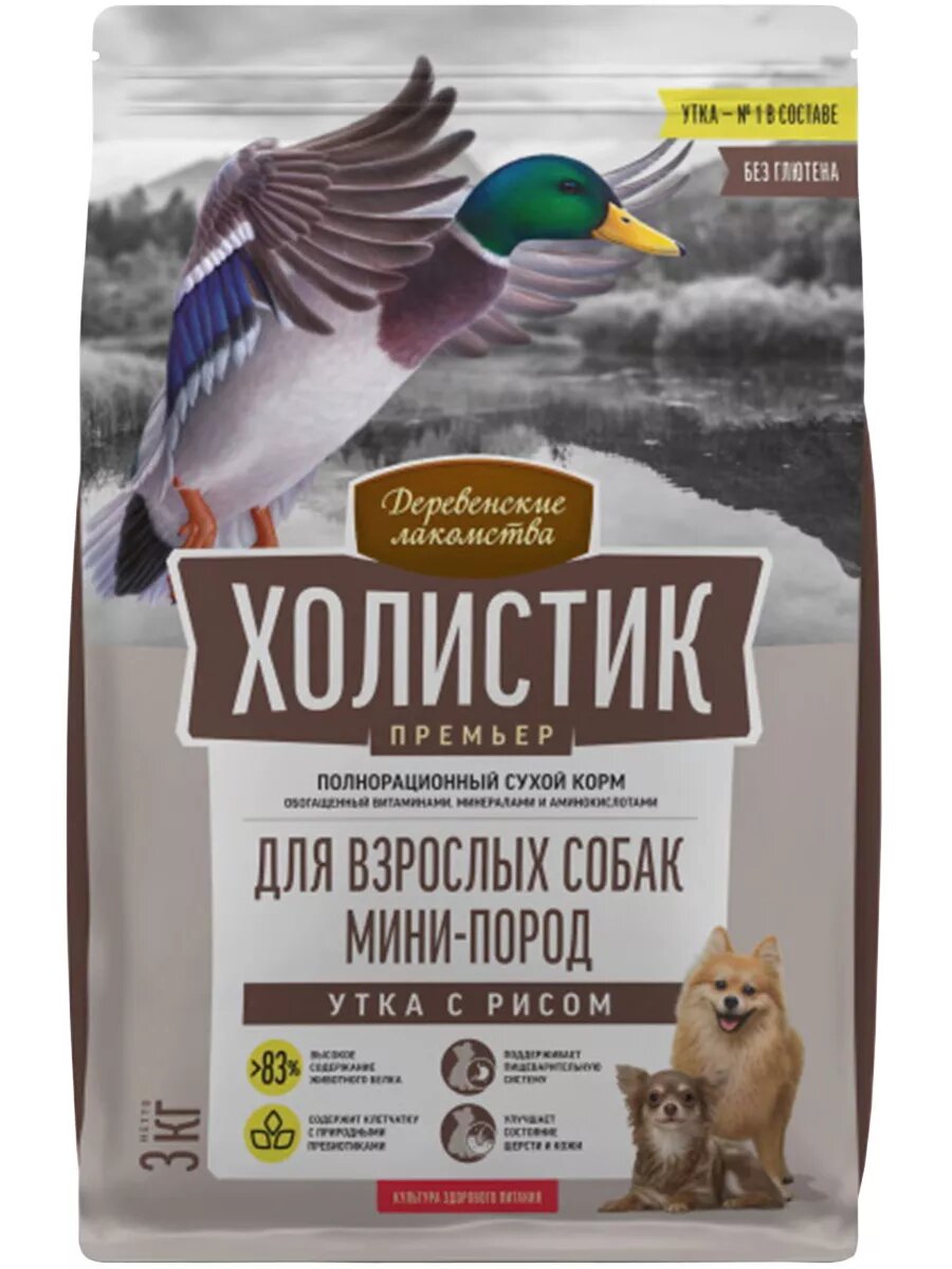Корм сухой Деревенские Лакомства Холистик Премьер для взрослых собак мелких пород, утка и рис, 3 кг 4 шт