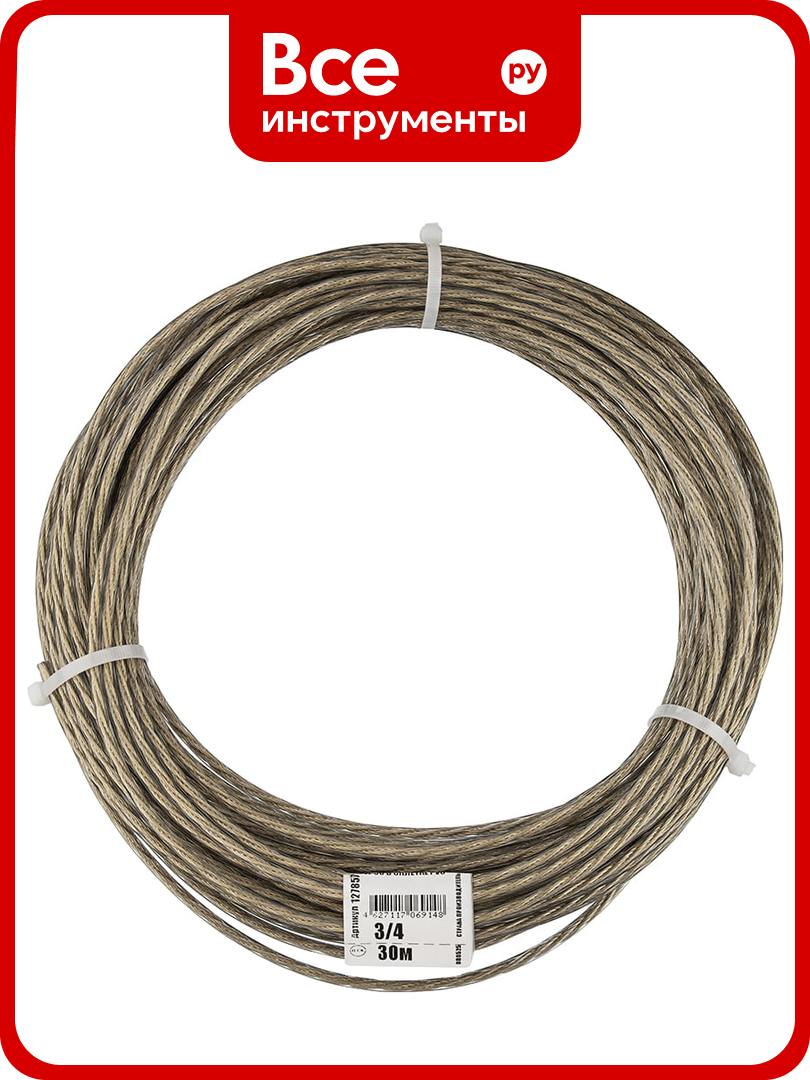 Трос в оплётке PVC 3/4, 30 м Tech-Krep 127857, изготовлен из нержавеющей стали, желтая ПВХ изоляция, для электромонтажа