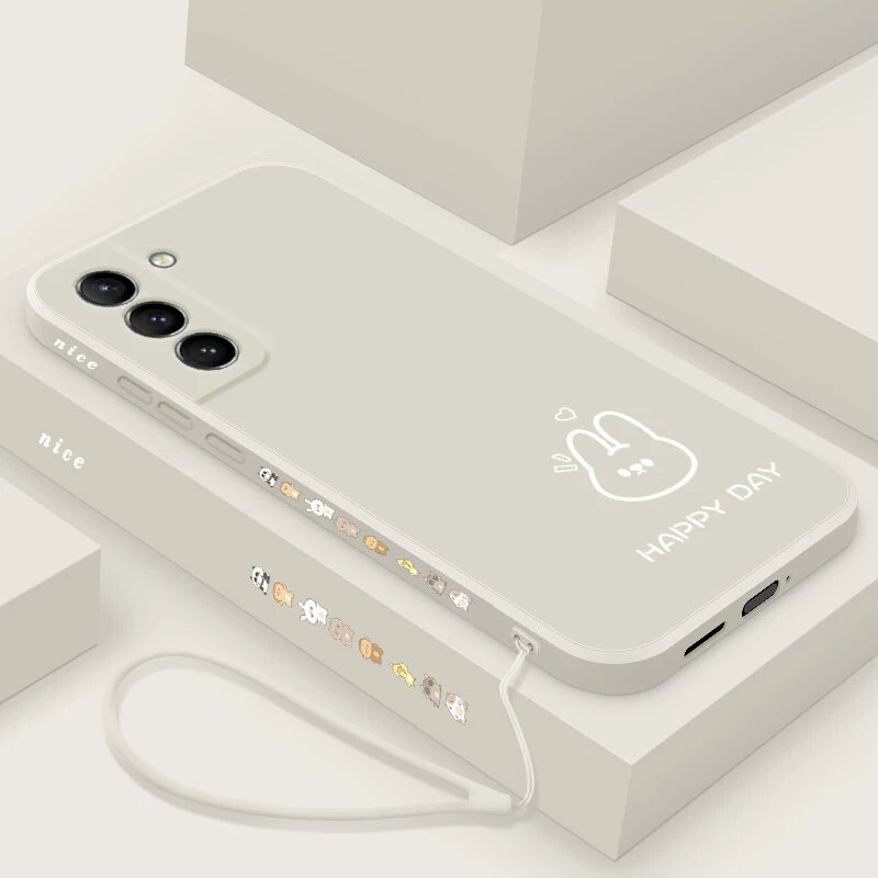 Samsung Galaxy S21+ Жидкий силиконовый защитный чехол с рисунком зайчика в натуральном белом