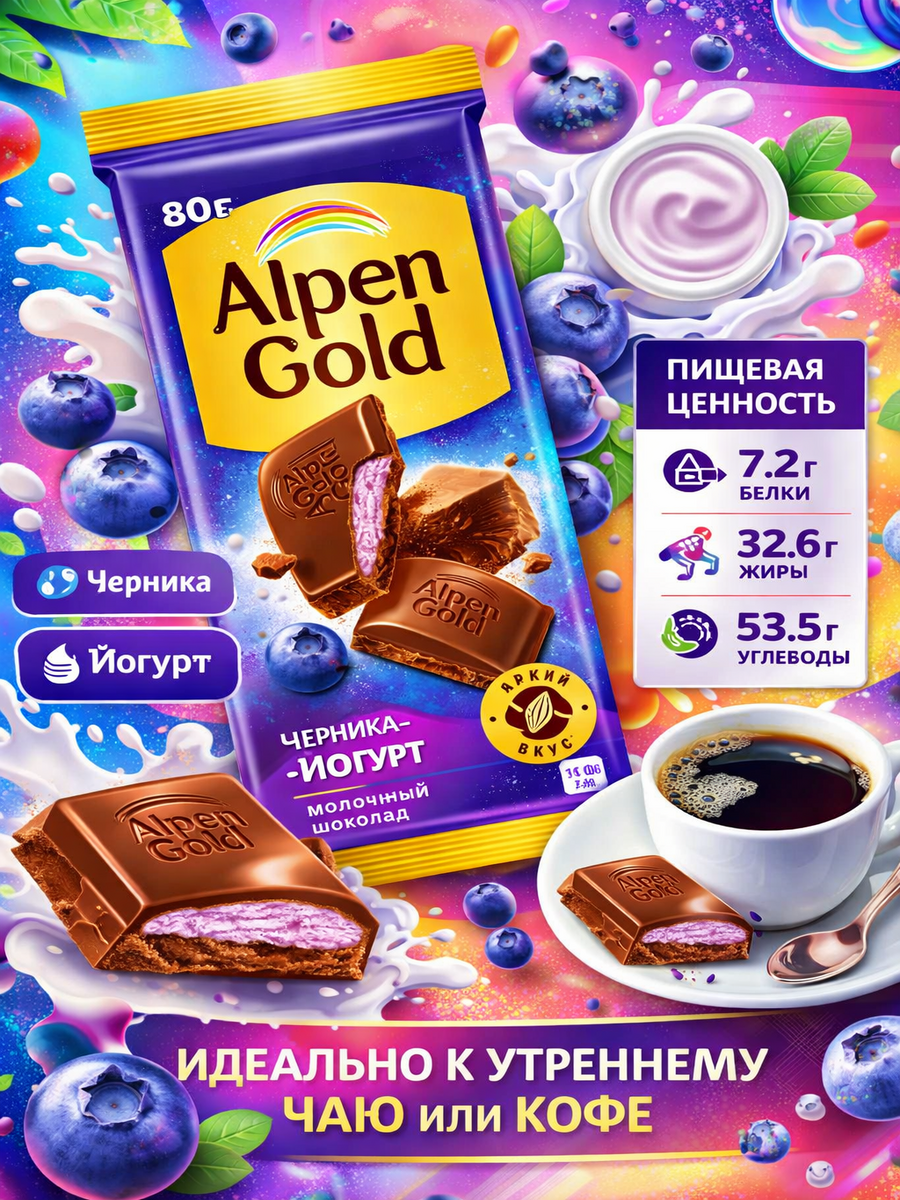 Шоколад молочный Alpen Gold черника-йогурт, 80г