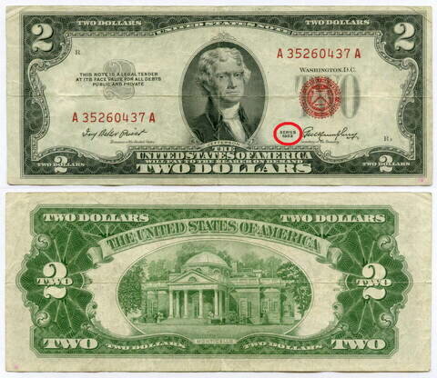 Банкнота США 2 доллара 1953 A 35260437 A. VF