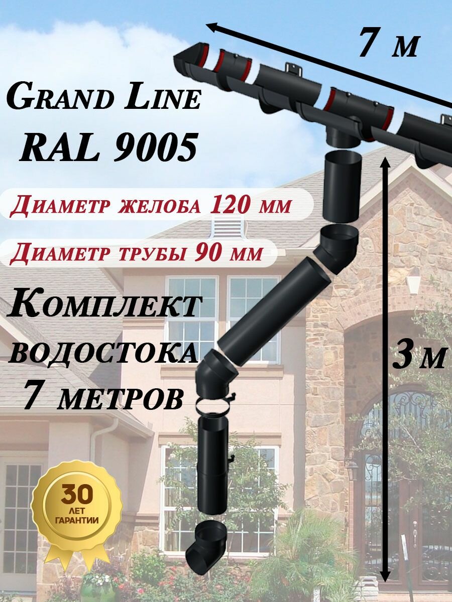 Водосточная система Grand Line 7 м по 1 метру ( 120мм/90мм ) черный водосток для крыши пластиковый Гранд Лайн ( RAL 9005 черный янтарь ) комплект ПВХ