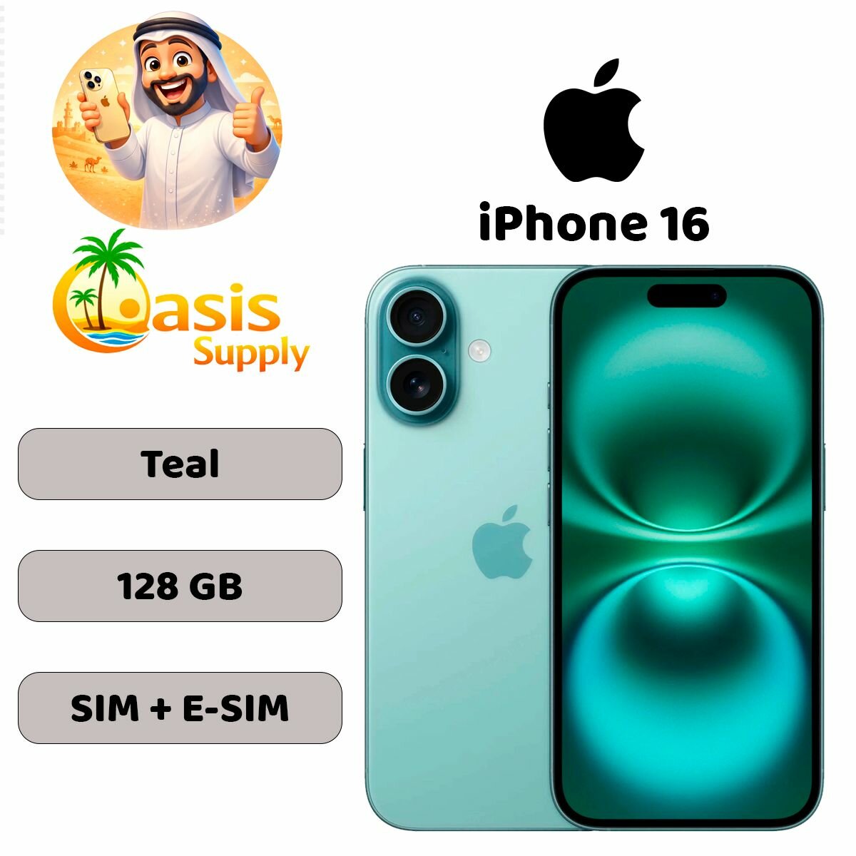 Смартфон Apple iPhone 16, 128 GB, Sim+Esim, зеленый