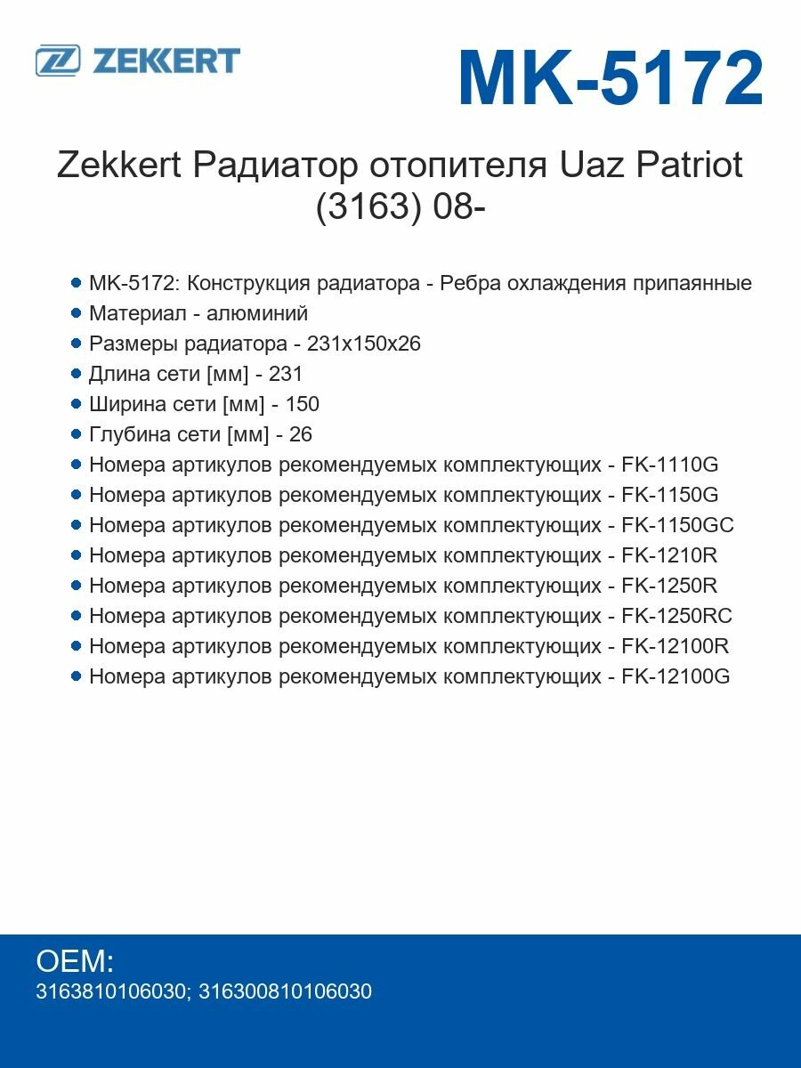 Zekkert Радиатор отопителя Uaz Patriot (3163) 08-