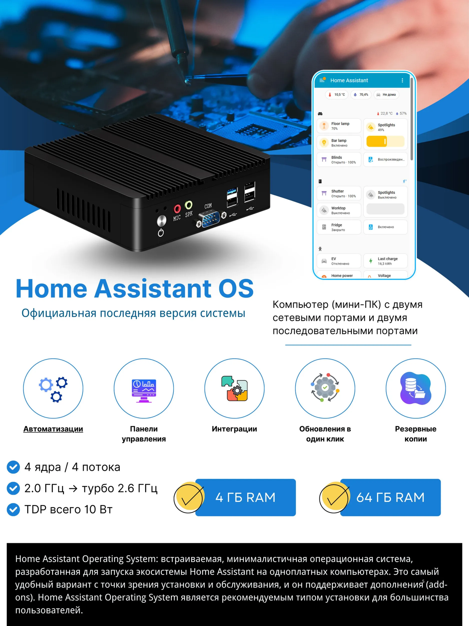 4ГБ RAM/64ГБ ROM Home Assistant OS Хаб для Умного Дома Plug & Play Установка