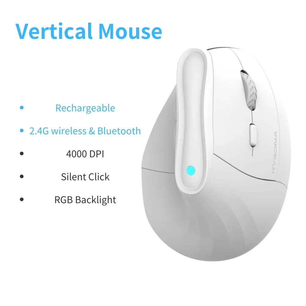 Беспроводная вертикальная мышь Kysona EM9, White, Rechargeable