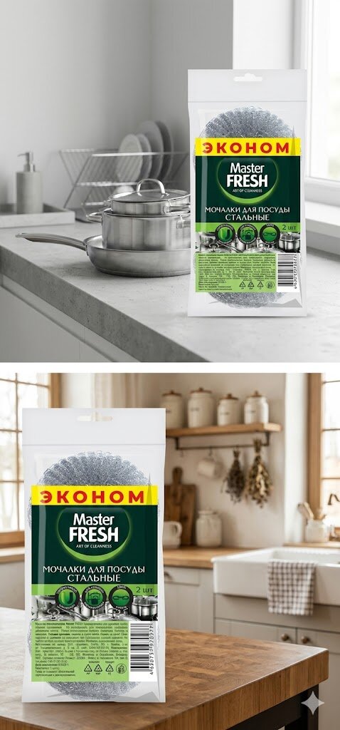 Мочалки для посуды Master FRESH Эконом металлические, сталь, 2 шт.