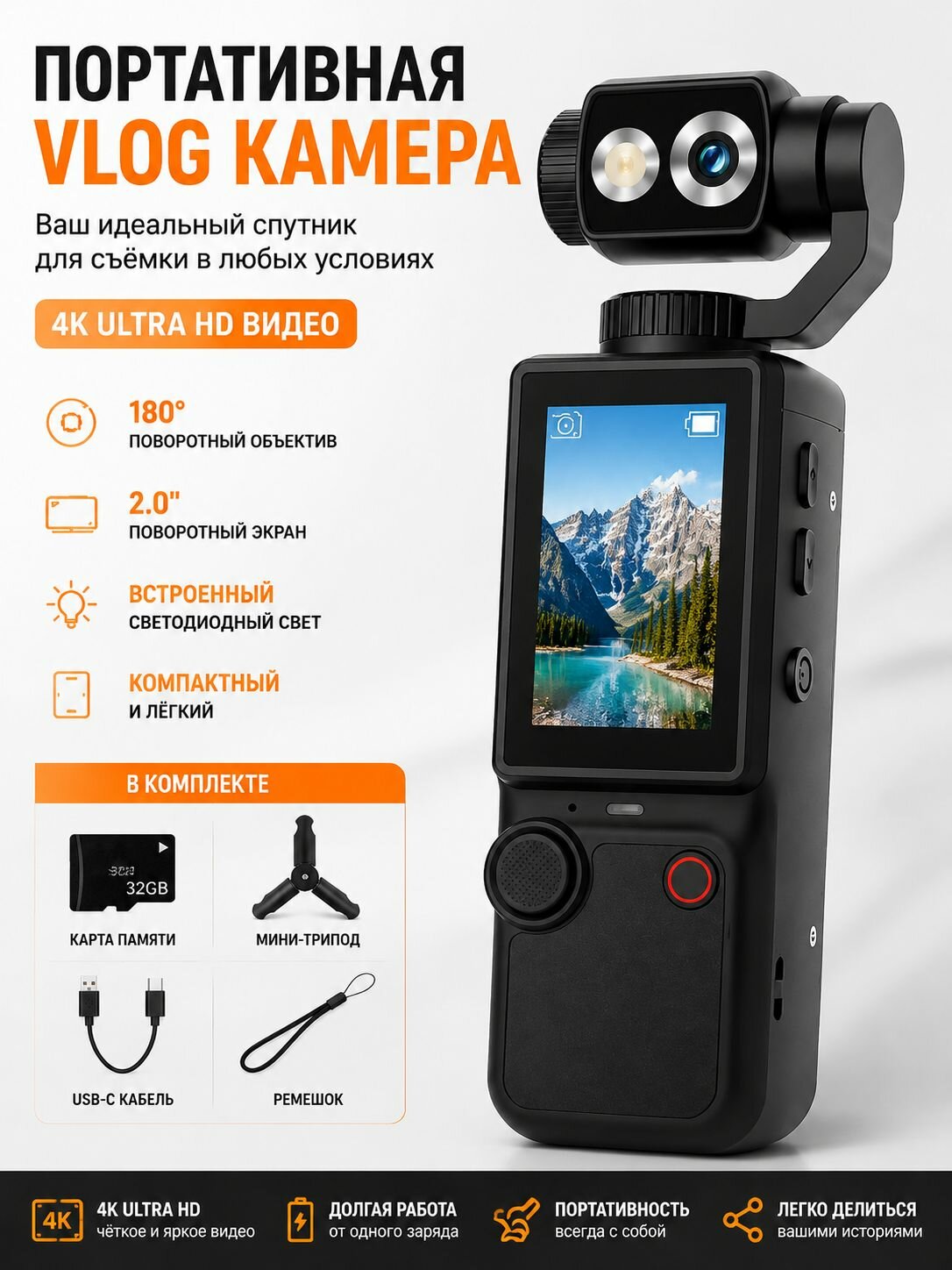 Портативная Vlog камера с 180 поворотным объективом и экраном, мини-камера для селфи и путешествий, с подсветкой, 32GB картой памяти и штативом в комплекте