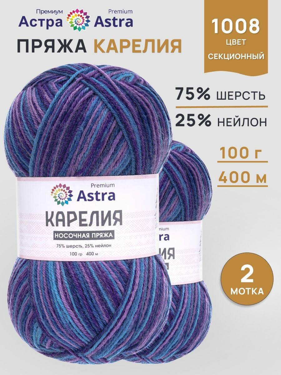 Пряжа для вязания носочная Карелия, 100 г, 400 м, цвет №1008, 2 мотка