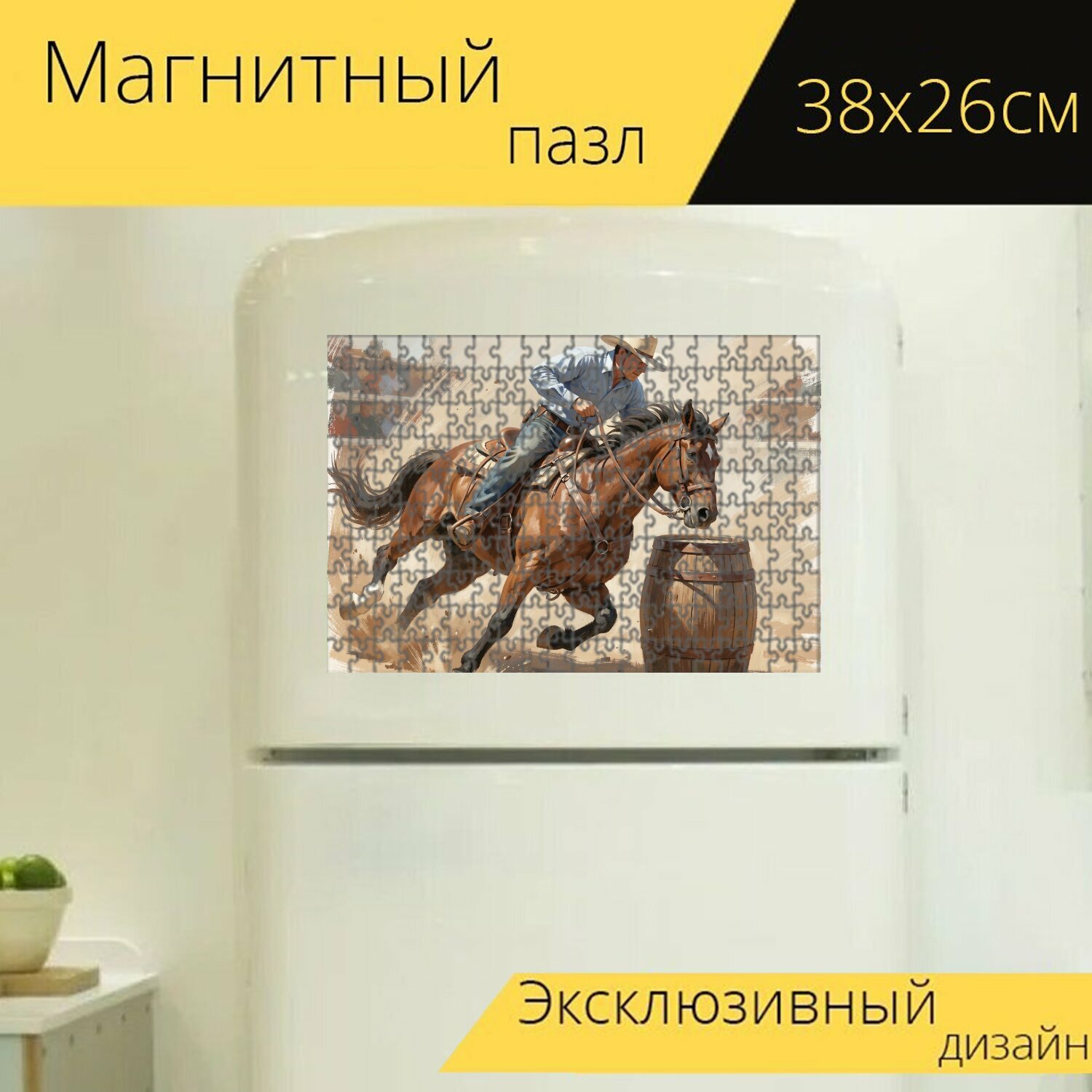 Магнитный пазл "Ковбой на скакуне у бочки. Динамичная сцена в стиле вестерн: наездник в шляпе мчится на буром коне по пыльной арене, рядом деревянный." для интерьера, 38х26 см.