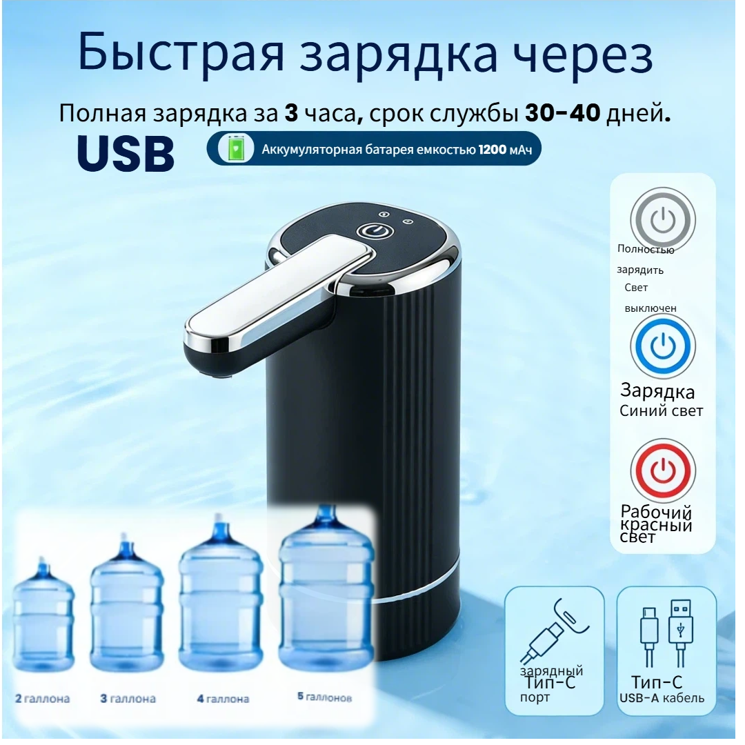 Насос для воды, для бутылки, USB аккумулятор, 1200mAh, перезаряжаемый