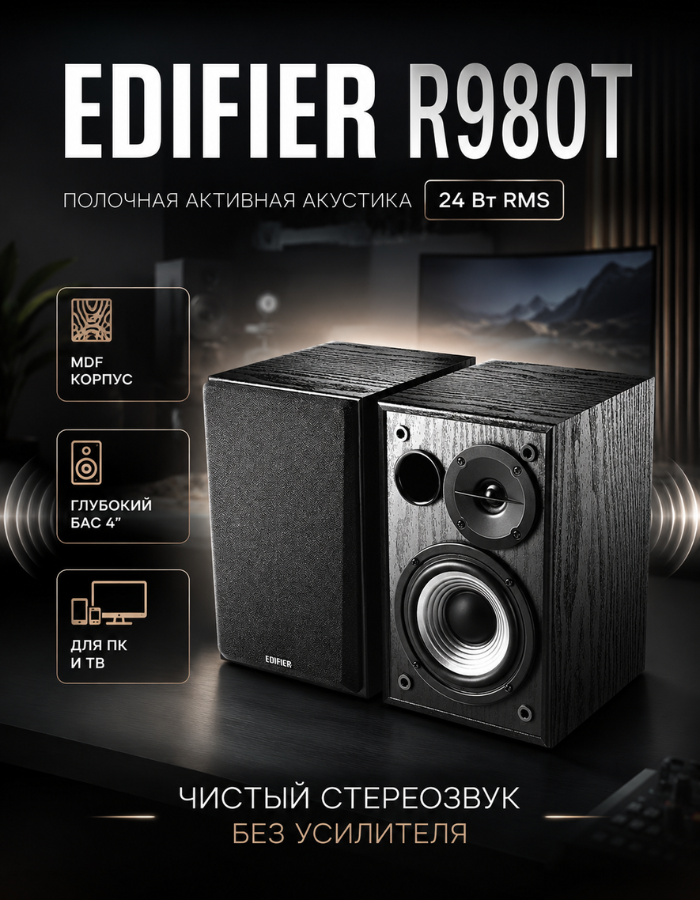 Акустика Edifier R980T 2.0, 24 Вт, Black, МДФ, магнитное экранирование