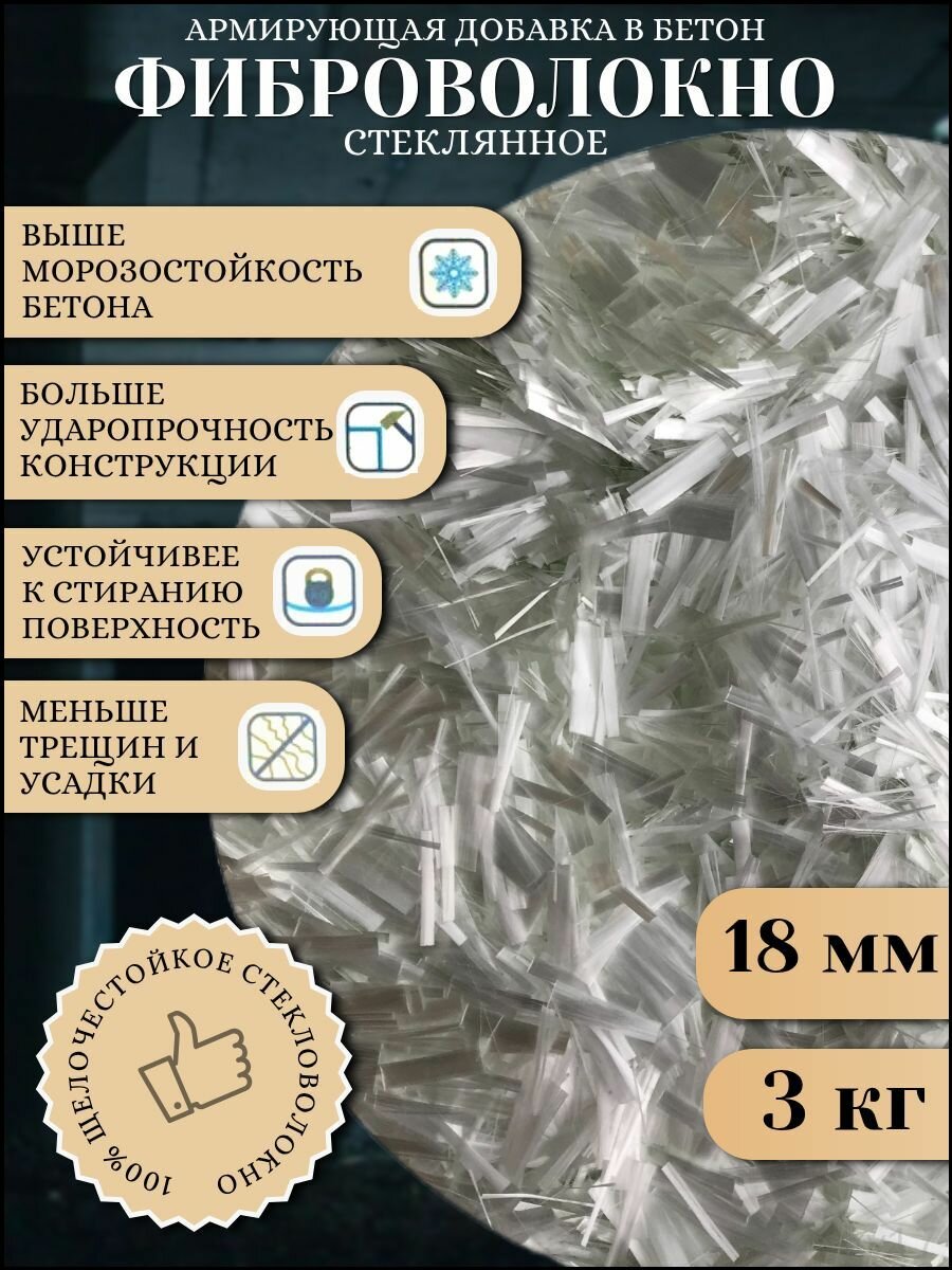 Фиброволокно, фибра для бетона, стеклофибра 18 мм 3 кг