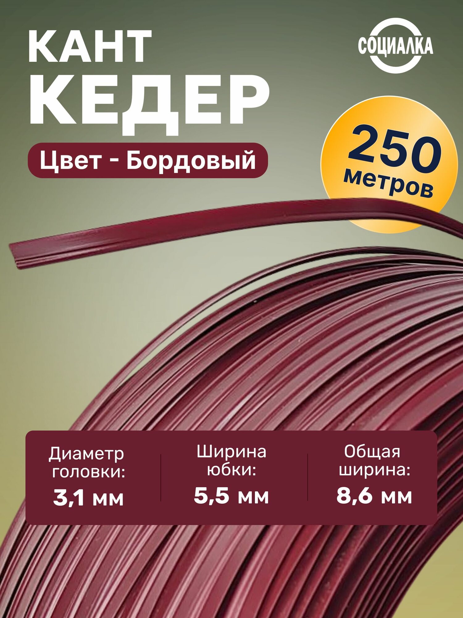 Кедер ( кант, жилка, шнек) для сумок, авточехлов и одежды, намотка 250м, бордовый/размер: ширина головки 3,1мм; длина юбки 5.5мм