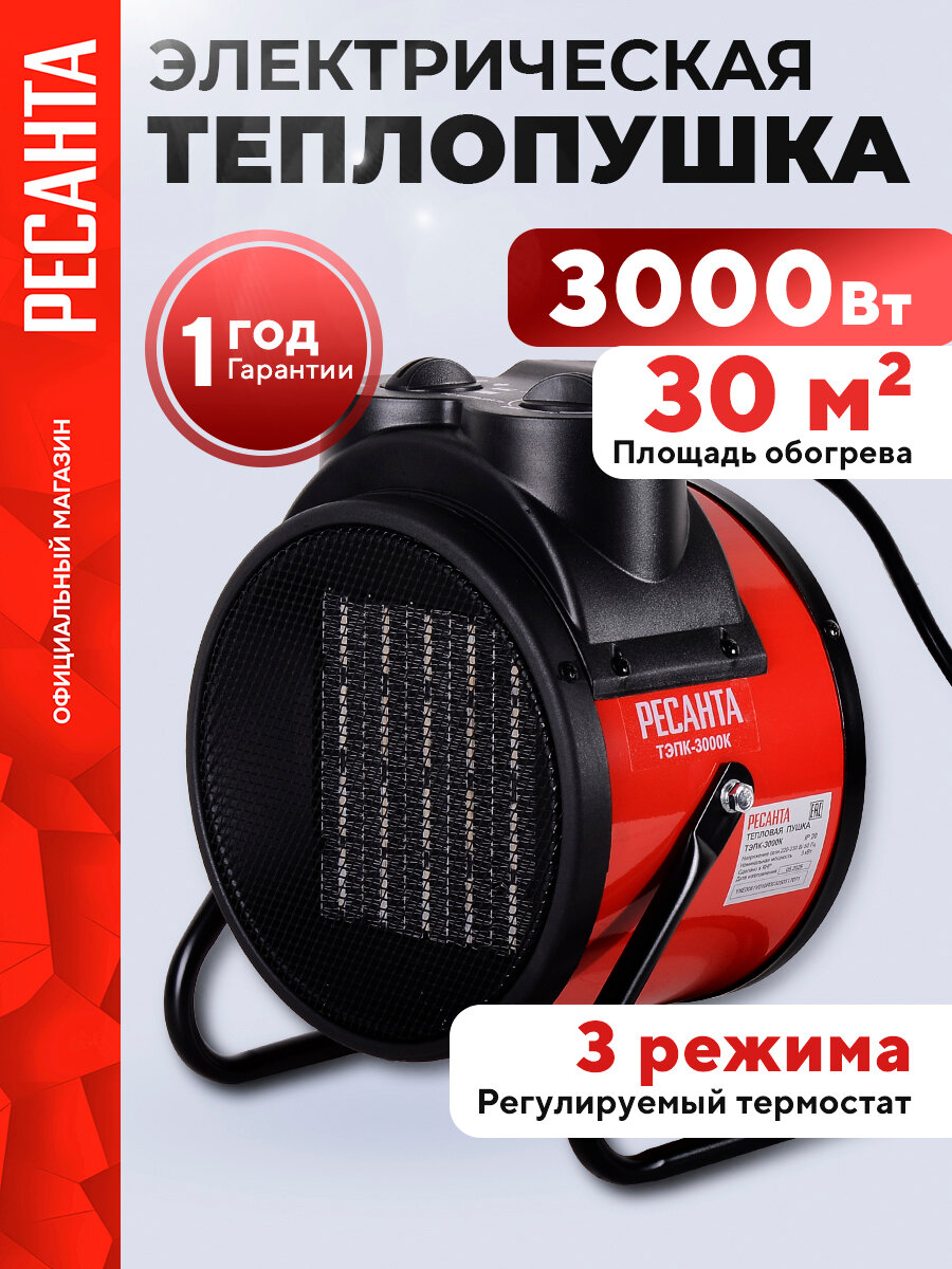 Тепловая пушка электрическая Ресанта ТЭПК-3000K, обогреватель для дома / Теплопушка