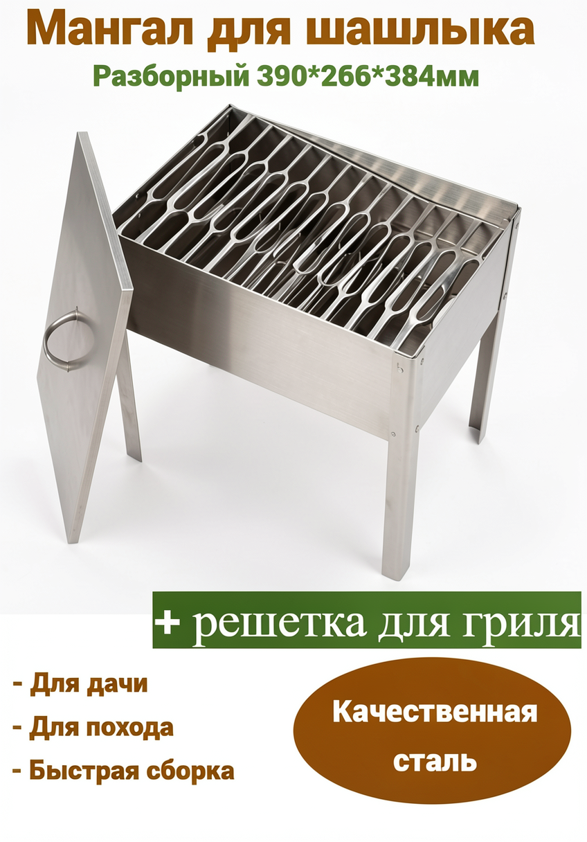 Мангал разборный, складной, походный 390*266*384мм + решетка для гриля