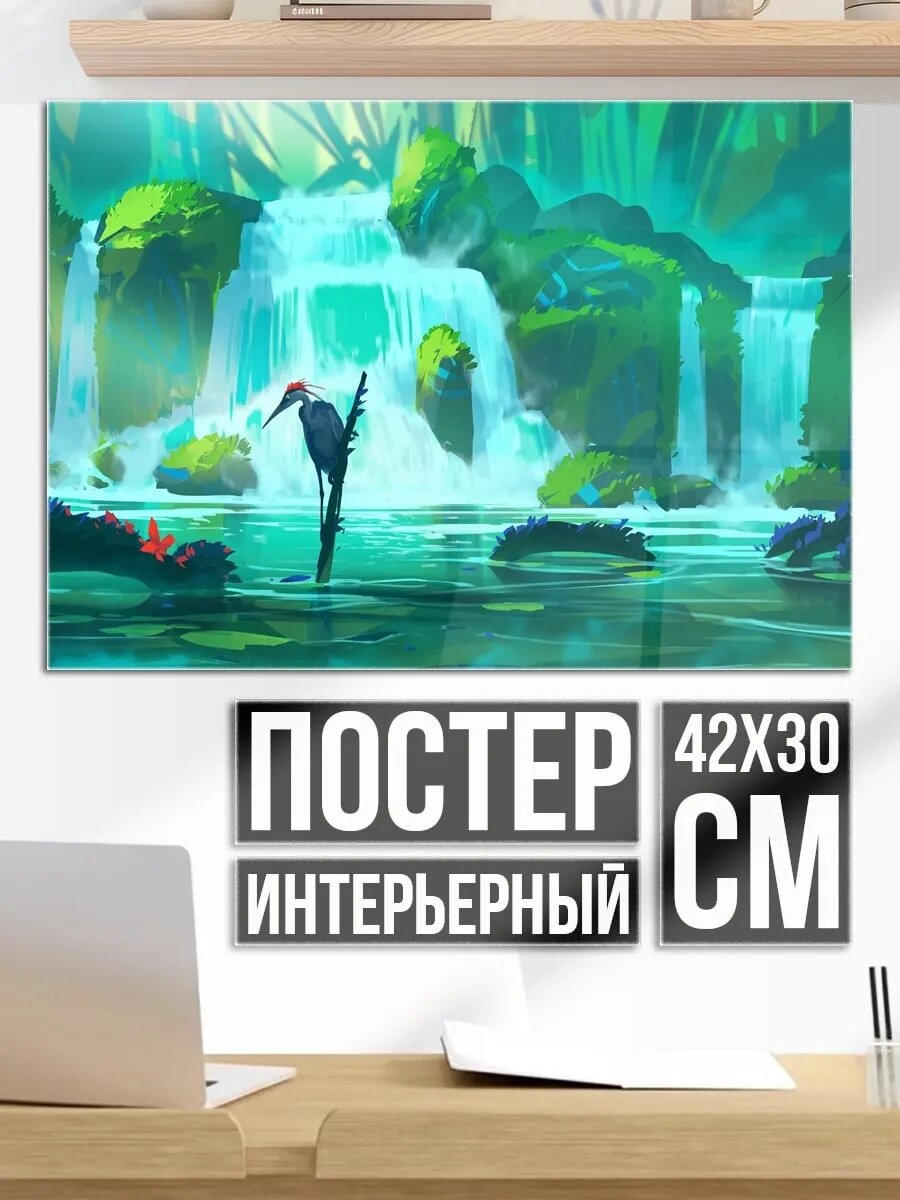 Плакат постер журавль водопад