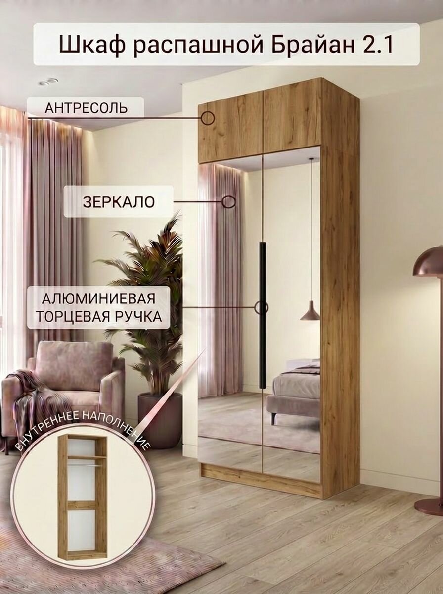 Распашной шкаф с зеркалом Брайан 2 100-52-240 дуб крафт золотой платье