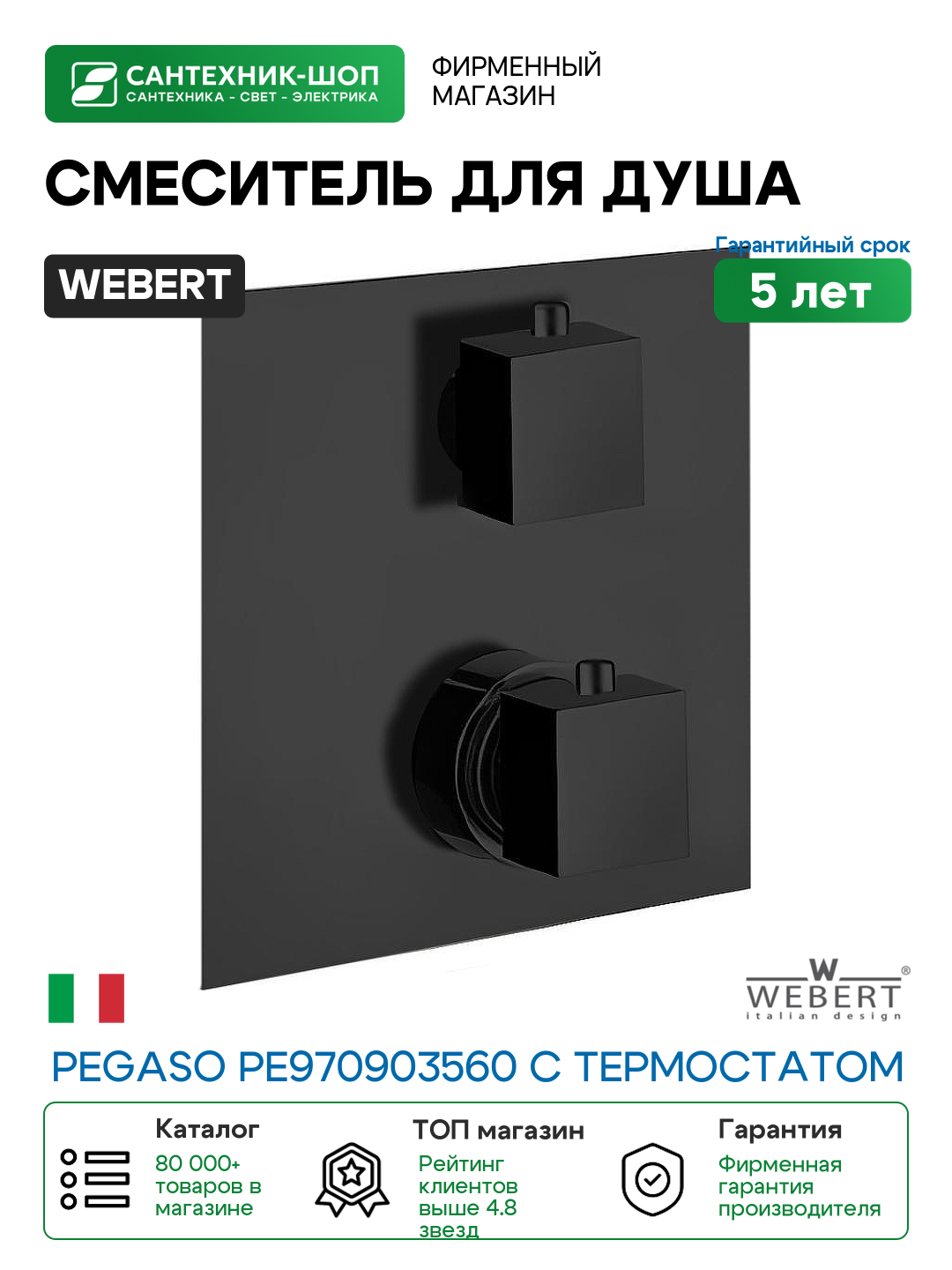 Смеситель для душа Webert Pegaso PE970903560 с термостатом Черный матовый латунь встраиваемый