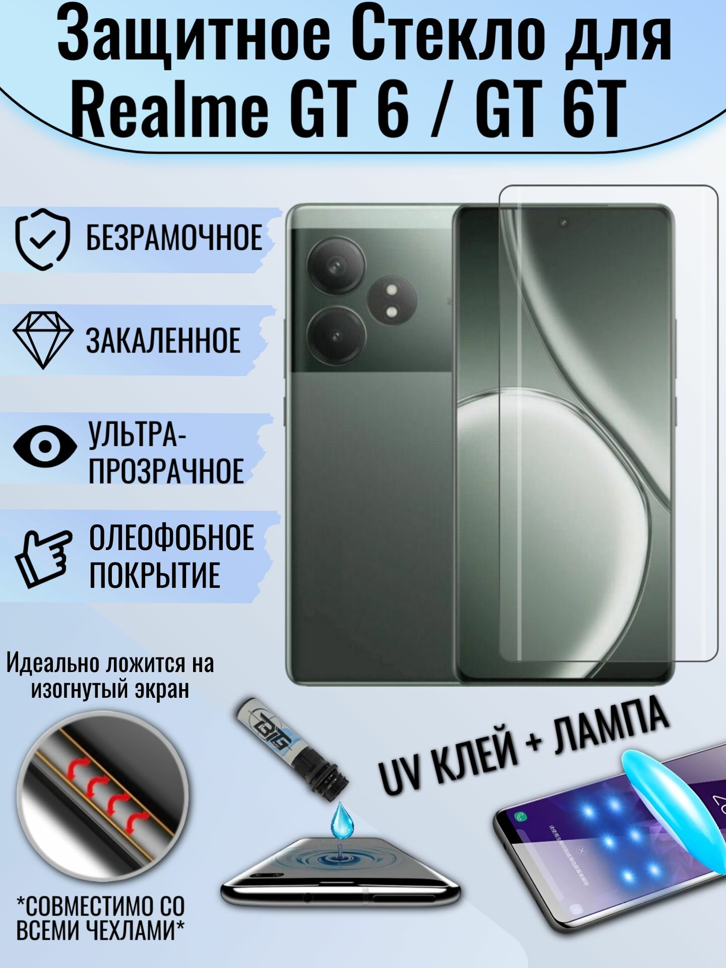 Защитное стекло Realme GT 6 / GT 6T / реалми GT 6 / GT 6T с UV УФ клеем и лампой