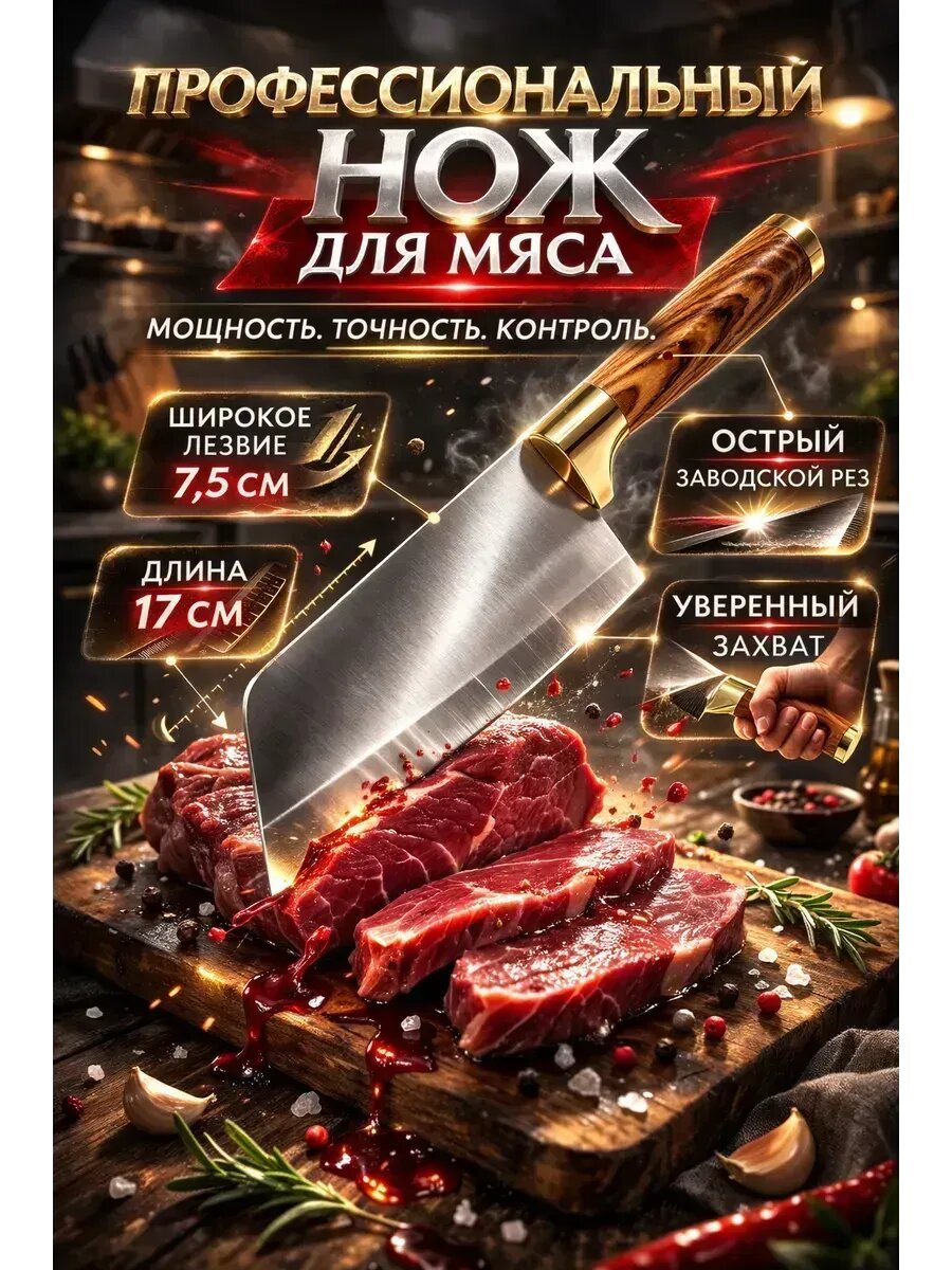 Нож кухонный для мяса 17 см широкий клинок