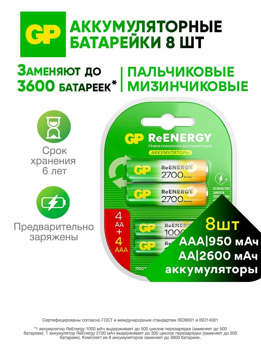 Аккумуляторы GP, типоразмер АА+ AAA, емкости 2600 и 900 мАч - 8 шт. в упаковке (4+4)