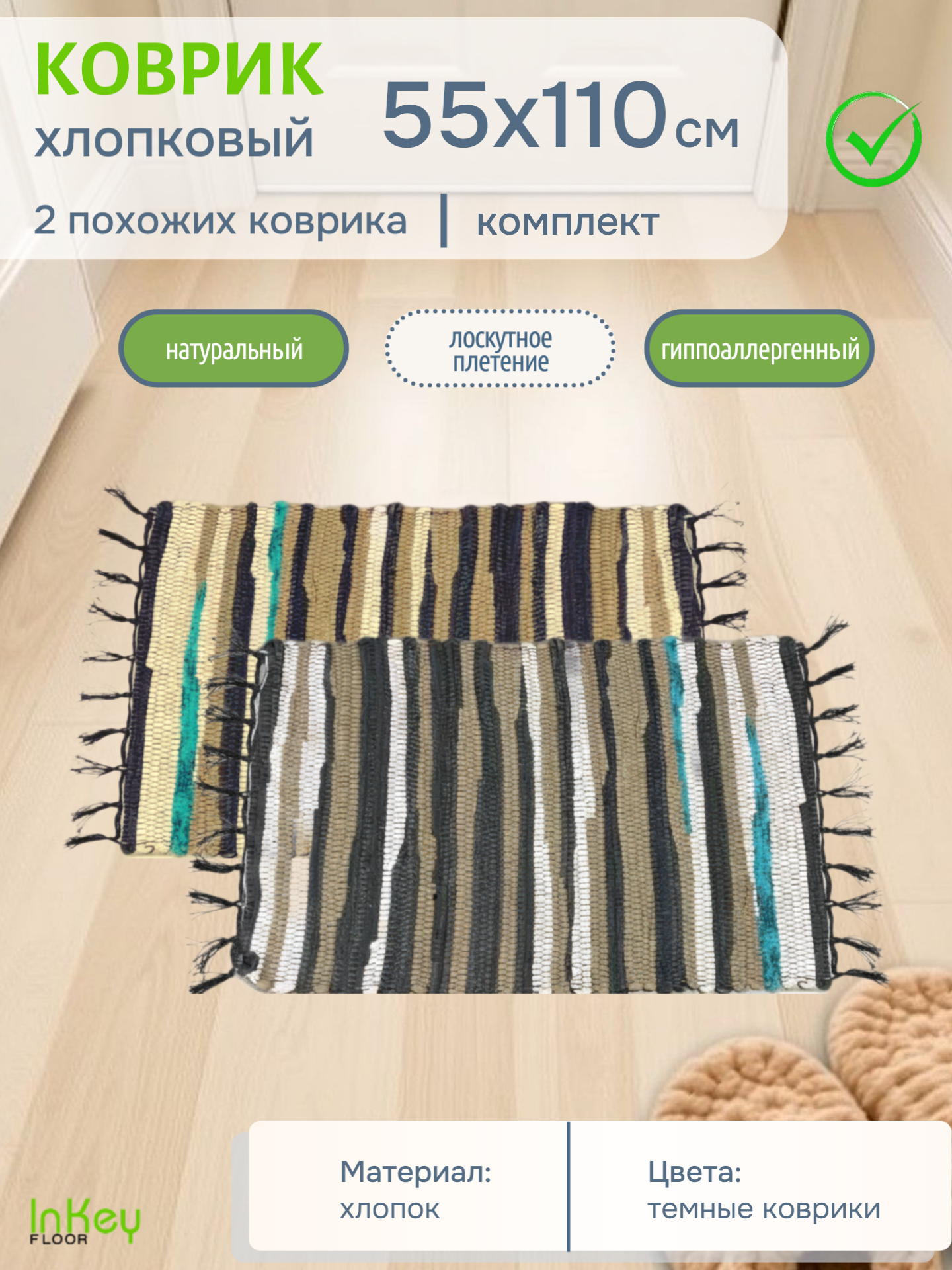 Коврик для бани InKey FLOOR, хлопок, 55x110см антискользящий, антибактериальный, 100%, 2 шт.