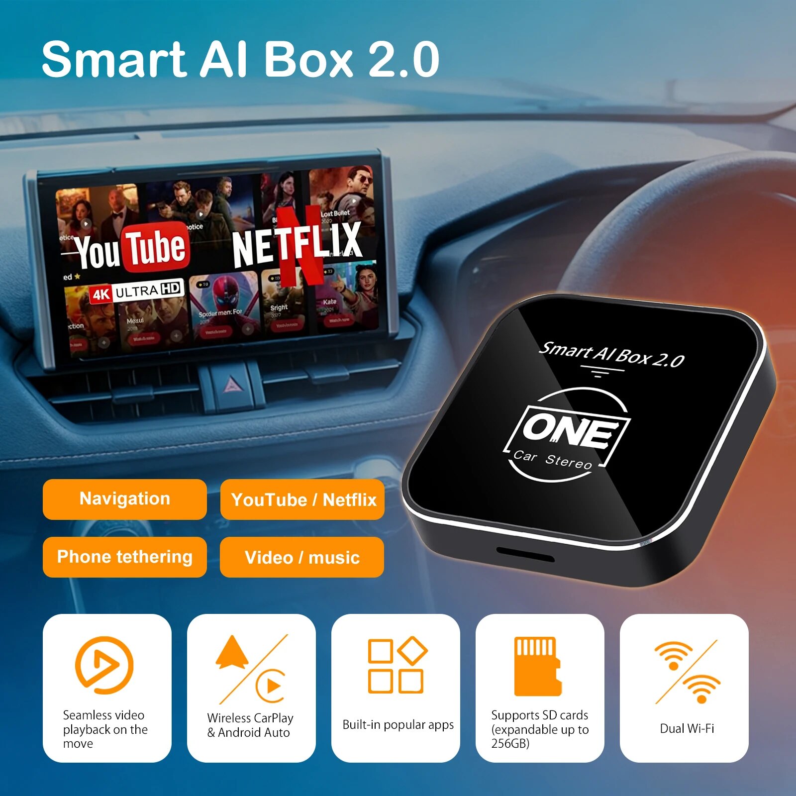 OneCarStereo 3-в-1 Smart AI Box 2.0: Беспроводной адаптер Android Auto со встроенными YouTube, Netflix, Apple CarPlay, расширяемый до 256 ГБ