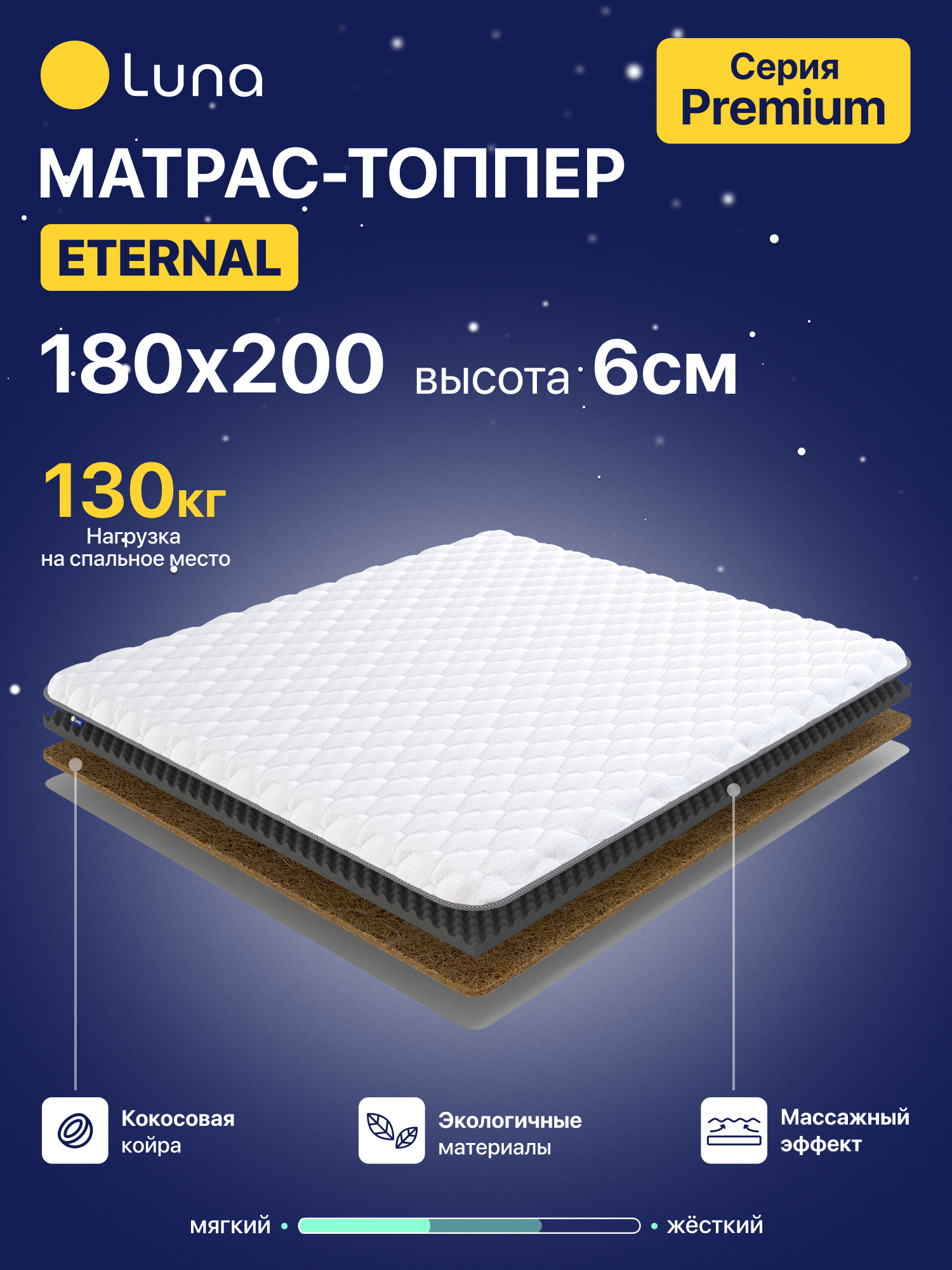 Матрас-топпер Luna Eternal 180х200 см, с кокосовой койрой, ортопедический, с фиксирующими резинками, с массажным эффектом, анатомический, высота 6 см