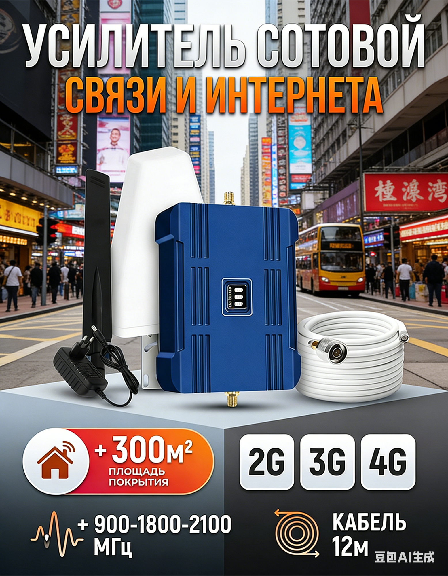 Усилитель сотовой связи 900/1800/2100 МГц (2G/3G/4G): до 70 км, направленный, синий, 1.3 кг