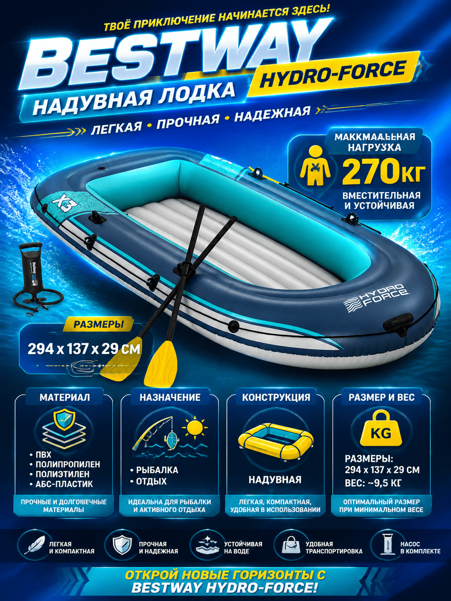 Лодка надувная BESTWAY 294х137х29см, max нагрузка 270кг Арт. 61154 (Китай)