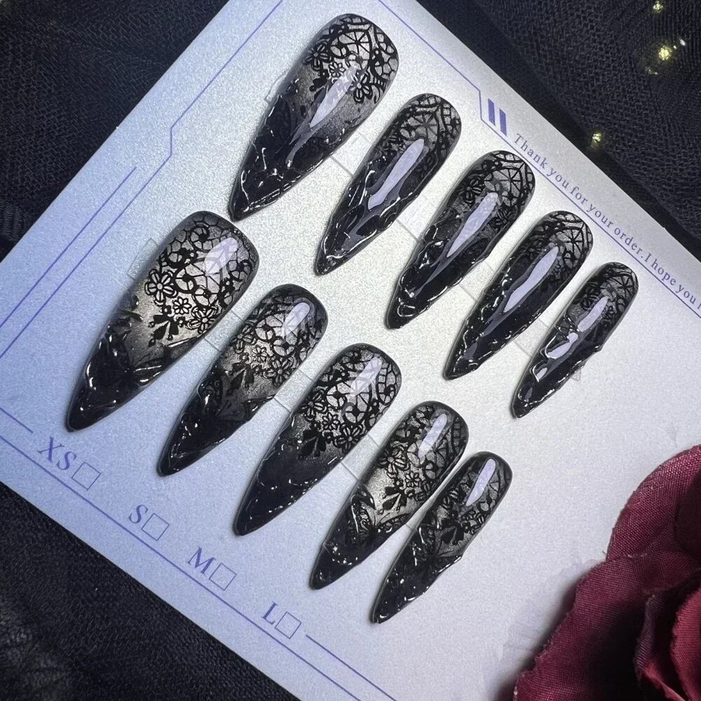 10 шт, накладные ногти MINISO, готический темный панк, металлическая 4, S-15-11-12-11-9