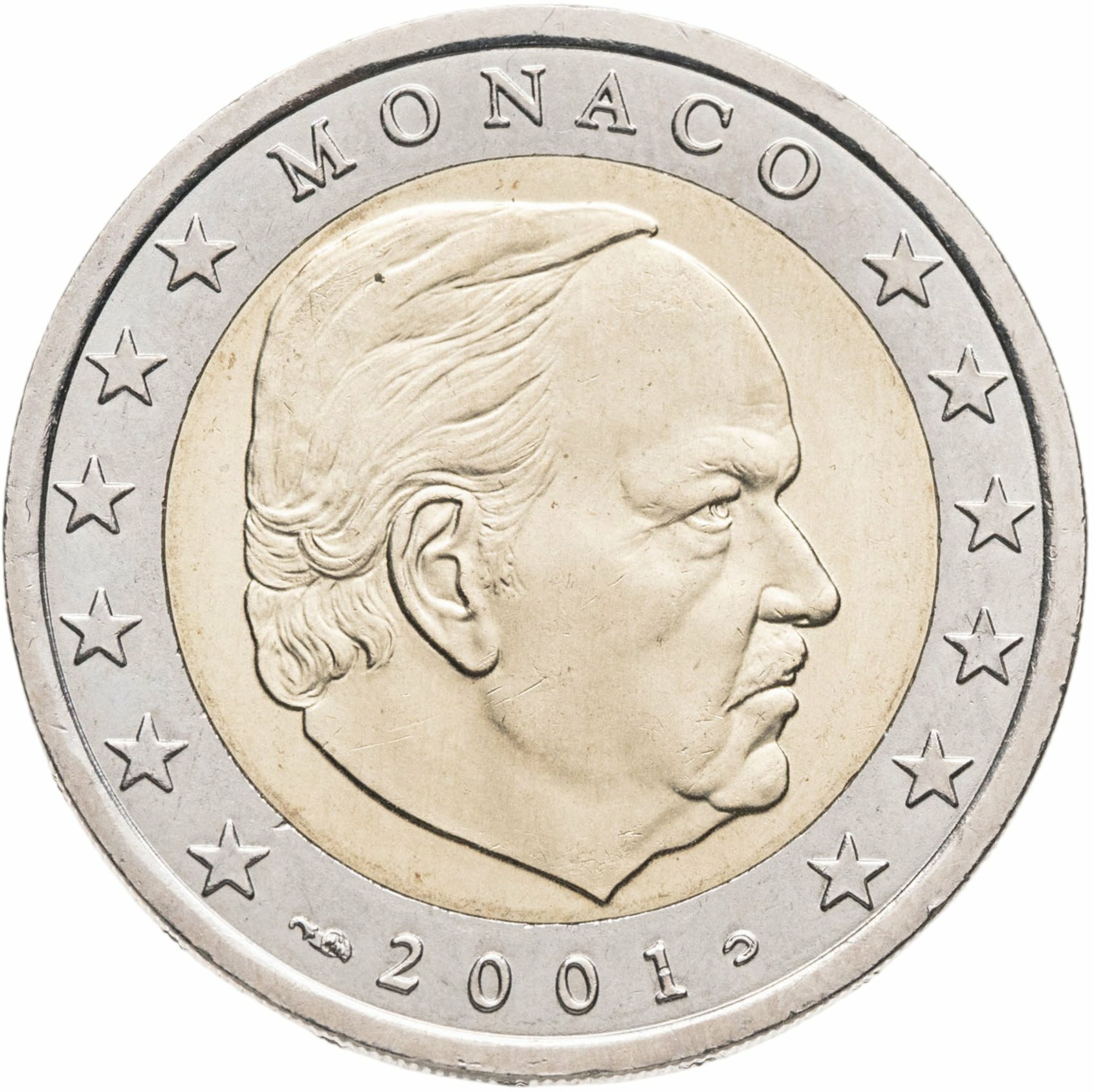 Монако 2 евро euro 2001, Биметалл, в сохранности AU-UNC