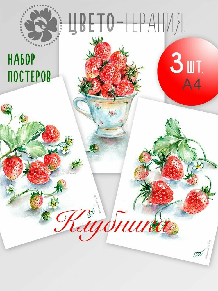 Набор интерьерных постеров "Клубника" , акварельные картины с ягодами, плакаты для дачи, для сада