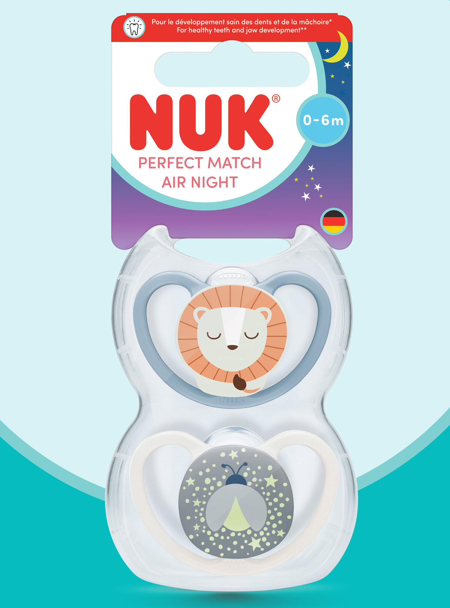 NUK PM AIR NIGHT Соска - пустышка ночная 0-6 месяцев, 2 штуки
