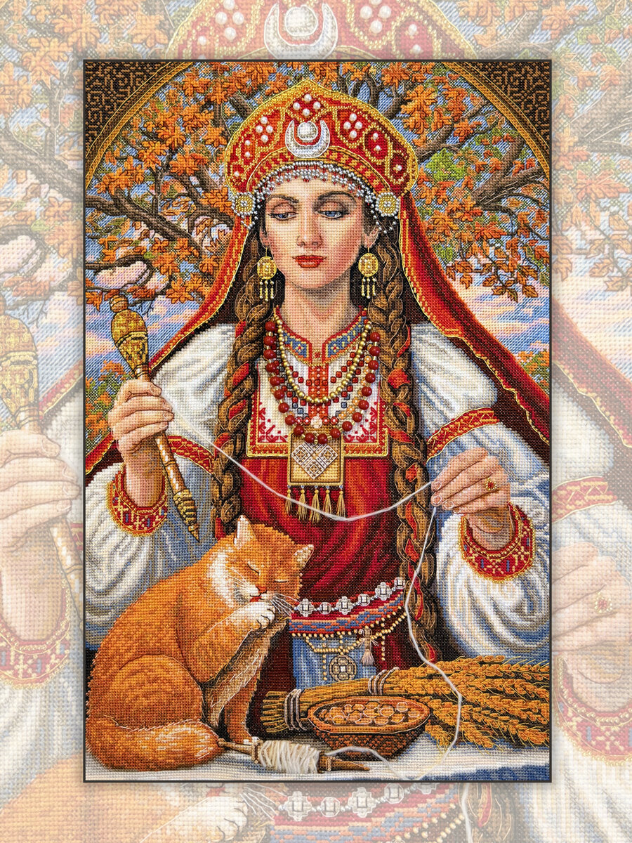 Набор для вышивания крестом Золотые ручки. Мокошь. 27×40 см. 52 цвета. Канва Aida 16 Zweigart.