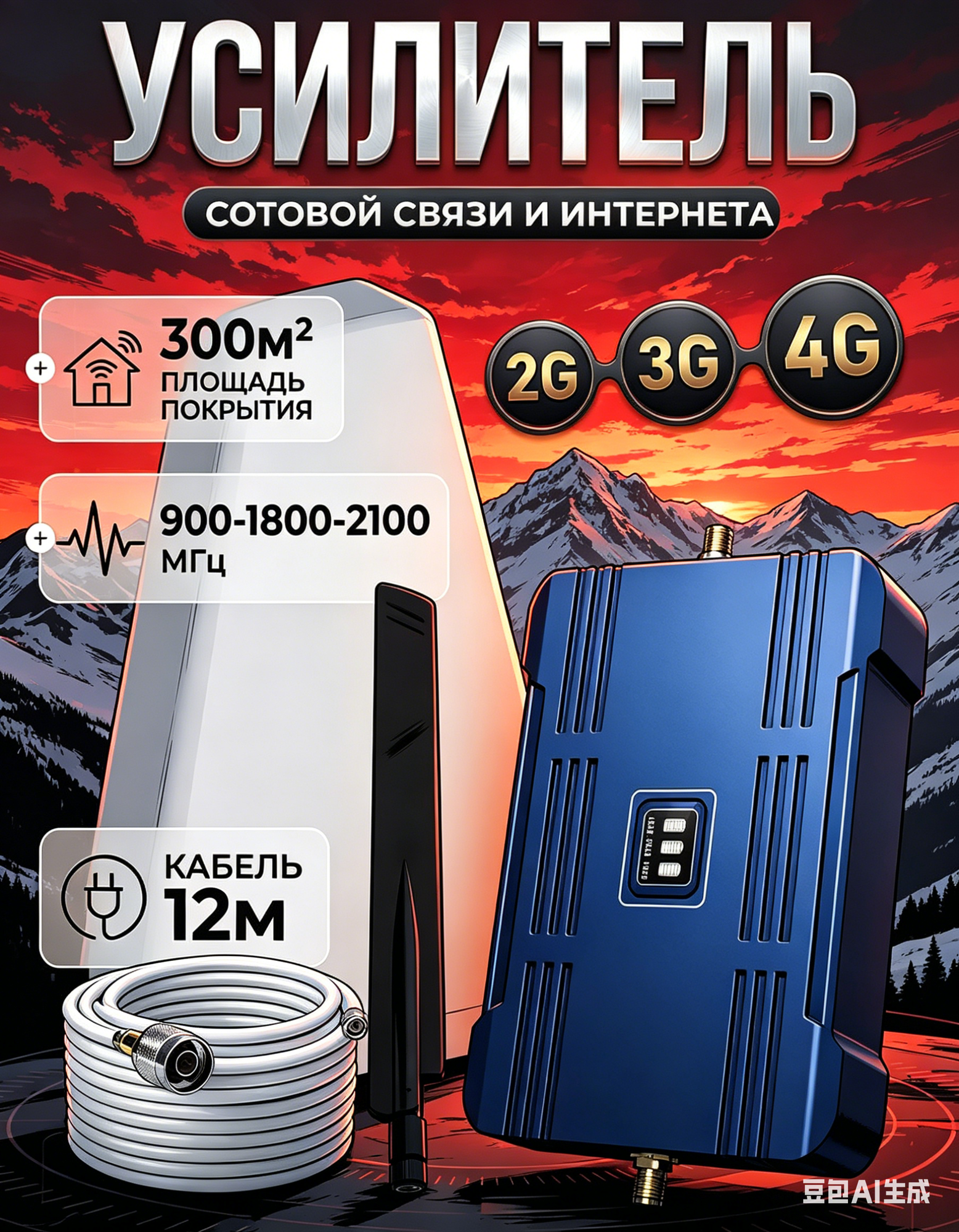 Усилитель сотовой связи 900/1800/2100 МГц (2G/3G/4G): до 70 км, направленный, синий, 1.3 кг