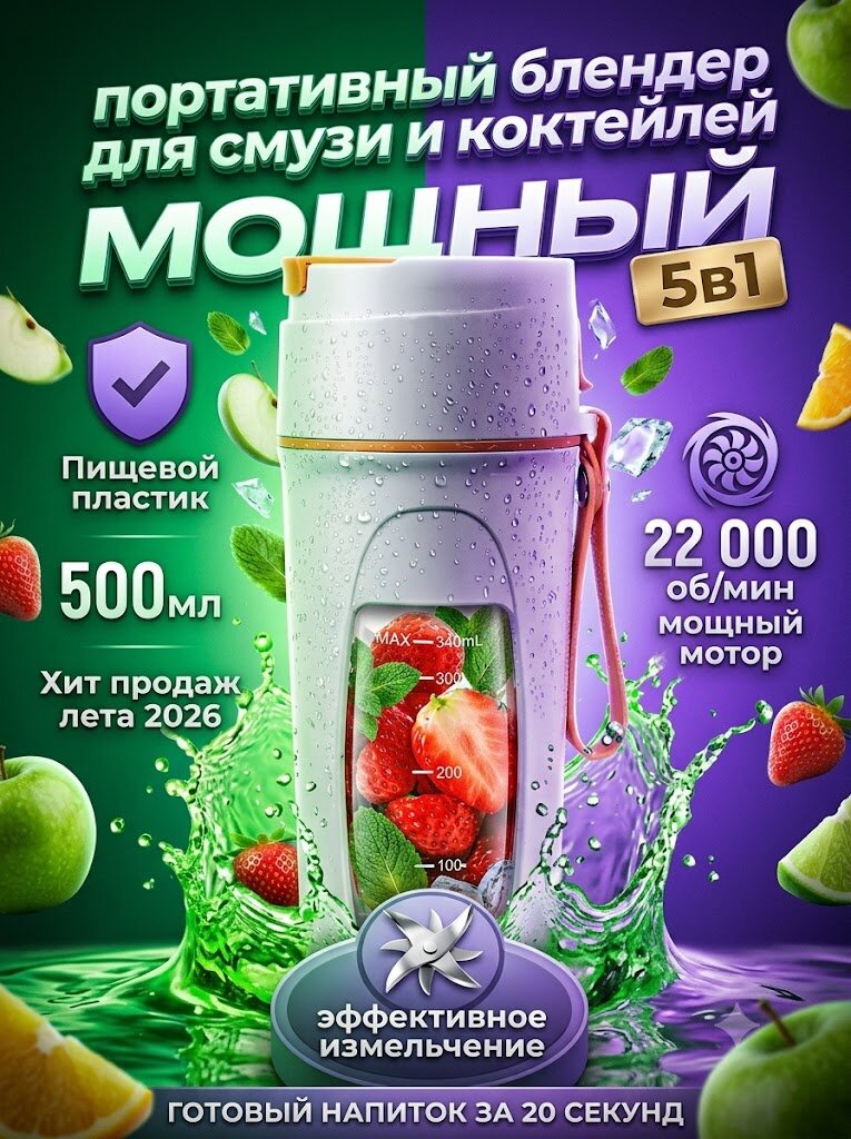 Портативный блендер беспроводной для смузи и коктейлей, 3 скорости с дисплеем, белый