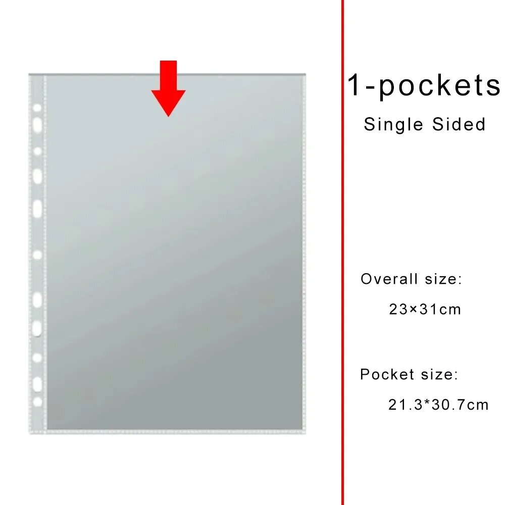 Прозрачные страницы для фотоальбома A4, 11 отверстий, с карманами 1-pockets