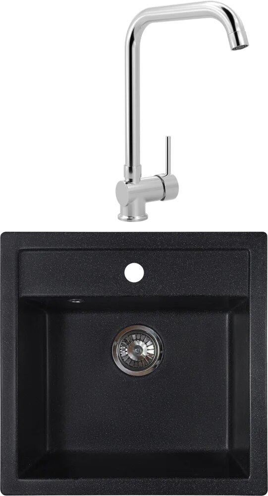 Комплект Мойка Reflexion Zia RX1251СL 51x50, уголь, кварц / Смеситель MEGA Didim MG-CM107 глянцевый хром, хром