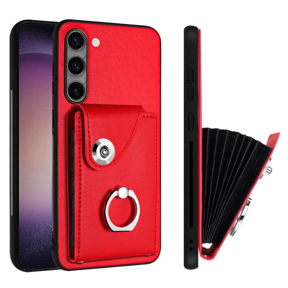 Кожаный чехол для Samsung Galaxy S23 Plus / S23+ (Самсунг s23 plus, Самсунг галакси с23 плюс, с23+) с кнопкой, бумажником, визитницей и коротким ремешком