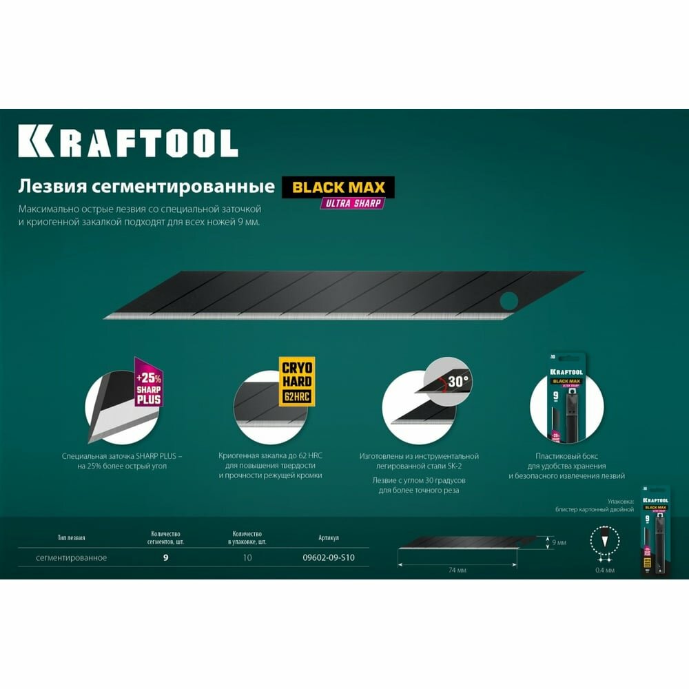 Сегментированные лезвия KRAFTOOL BLACK MAX 9 мм, 10 шт 09602-09-S10 — фото 1