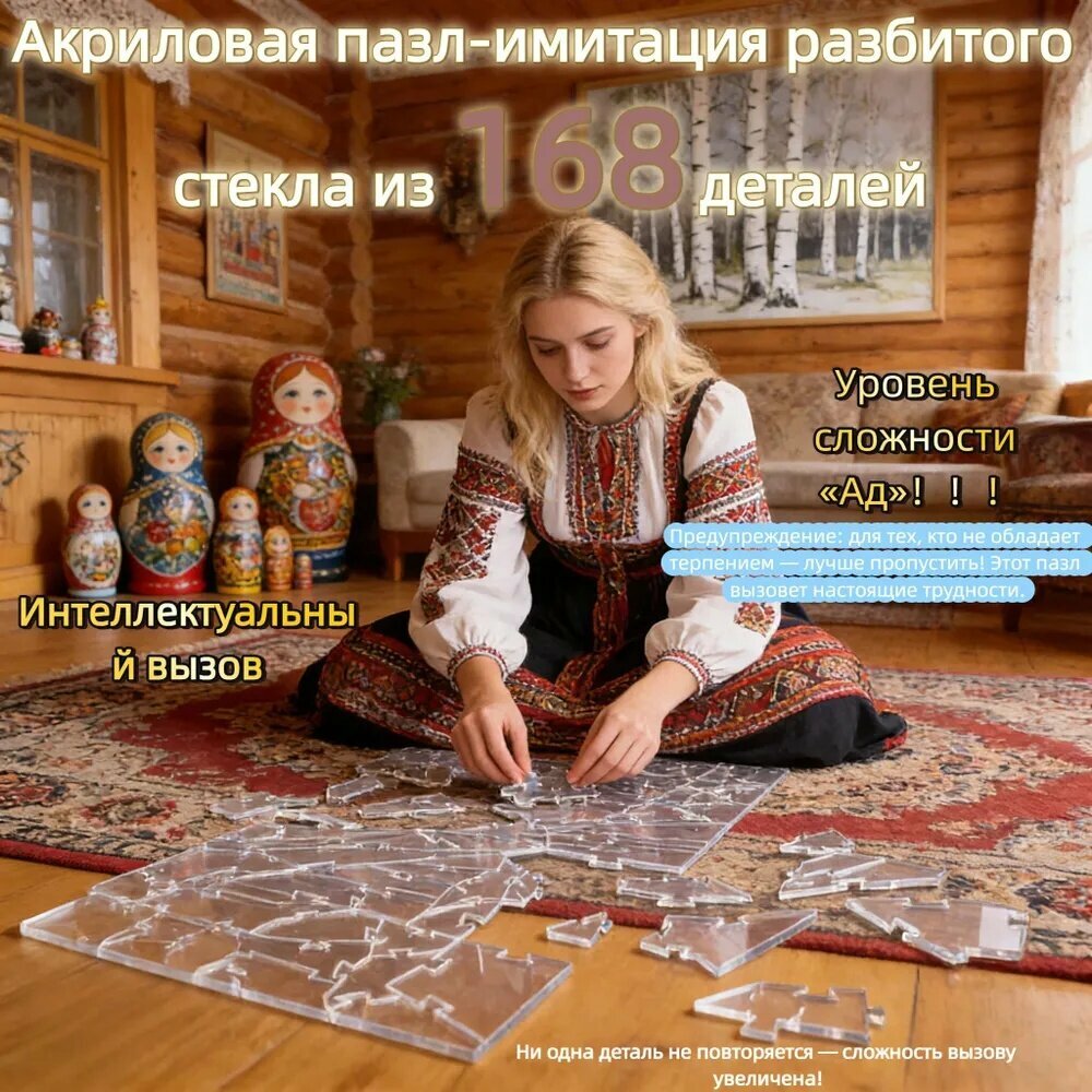 Акриловый пазл для взрослых "Разбитое стекло" 168 деталей, сложность Ад, прозрачный антистресс